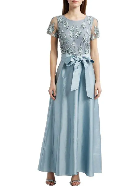 Pisarro Nights 3d Floral Bodice Beaded Gown - Light Blue