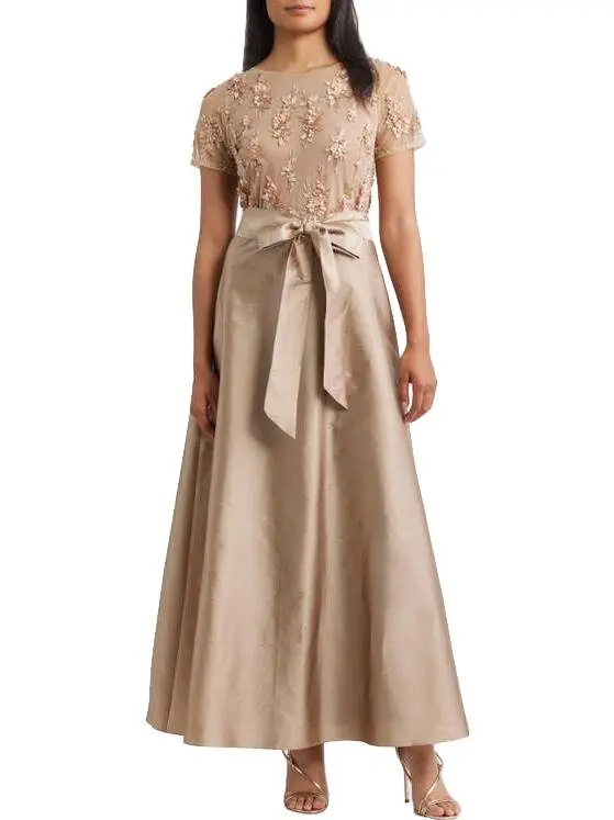 Pisarro Nights 3d Floral Bodice Beaded Gown - Mocha