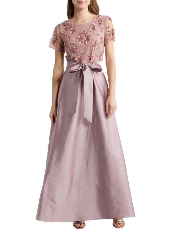 Pisarro Nights 3d Floral Bodice Beaded Gown - Quartz