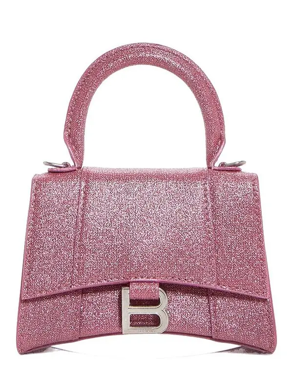 Balenciaga Hourglass Mini Handbag With Chain And Sparkling Fabric - Sweet Pink Glitter/silver