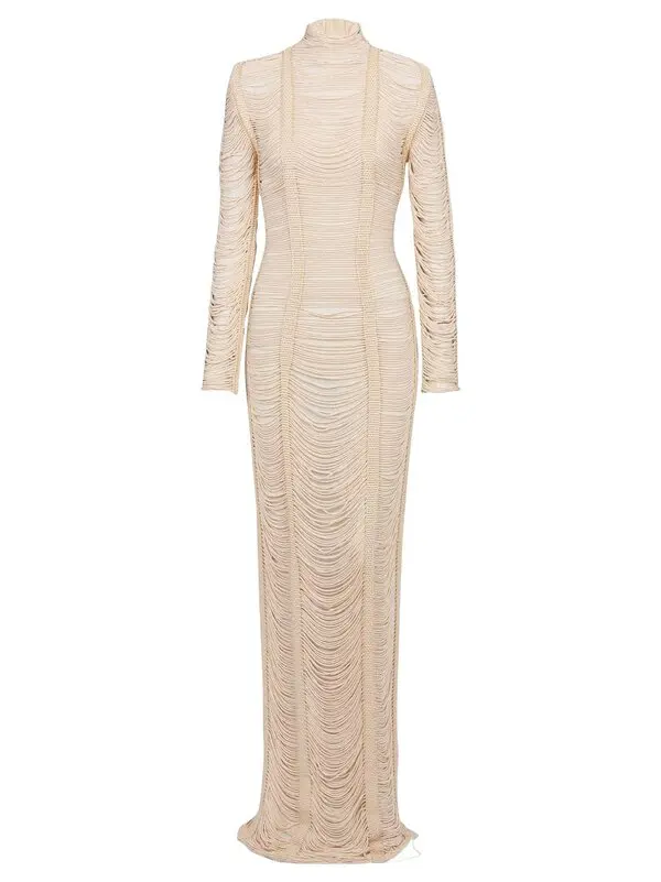 Balmain Macramé Long-sleeve Maxi Dress - Neutrals