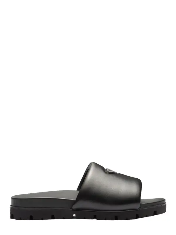 Prada Logo Plaque Brushed Leather Slides - Black