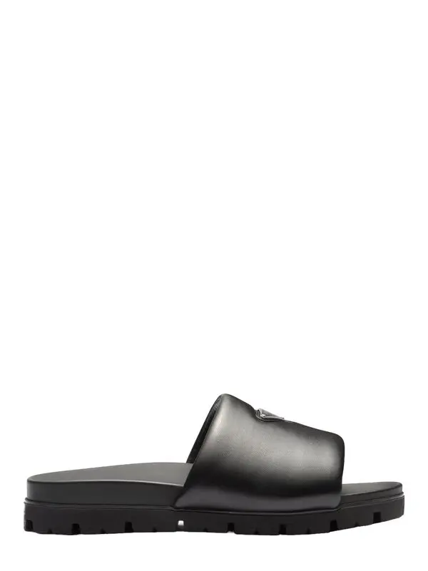 Prada Logo Plaque Brushed Leather Slides - Black