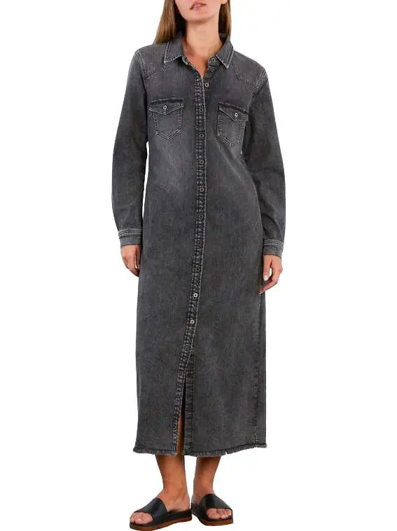 WASH LAB DENIM Long Sleeve Maxi Shirt Dress - Dark Cement