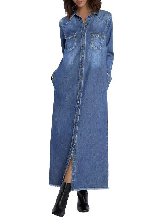WASH LAB DENIM Long Sleeve Maxi Shirt Dress - Montery Blue