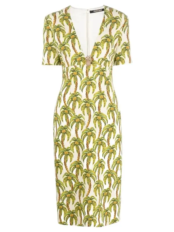Roberto Cavalli Palm Tree-print Midi Dress - Neutrals