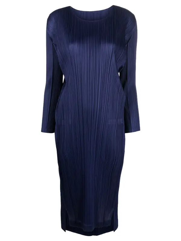 Issey Miyake Pleated Long-sleeve Midi Dress - Blue