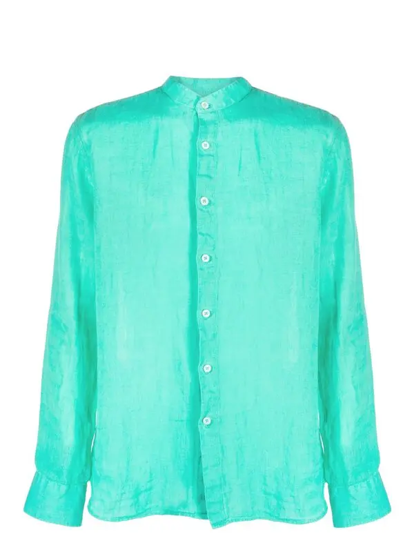 120% Lino Mandarin-collar Long-sleeve Linen Shirt - Green