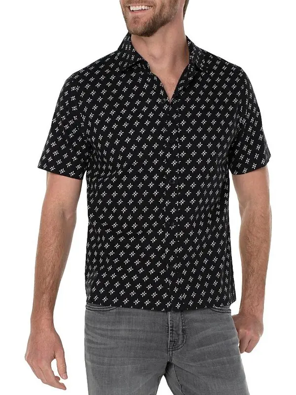 LIVERPOOL Garment Dyed Short Sleeve Printed Shirt - Black/ Porcelain