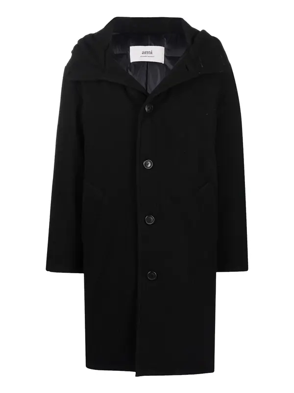 Ami Hooded Single-breasted Wool Coat - Black