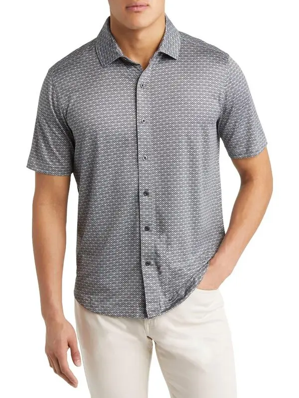 Johnston & Murphy Xc4® Geo Print Performance Short Sleeve Button-up Shirt - Black/ Gray