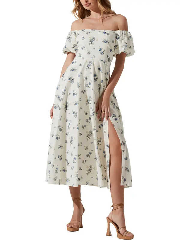 Astr The Label Off-the-shoulder A-line Dress - White Blue Floral