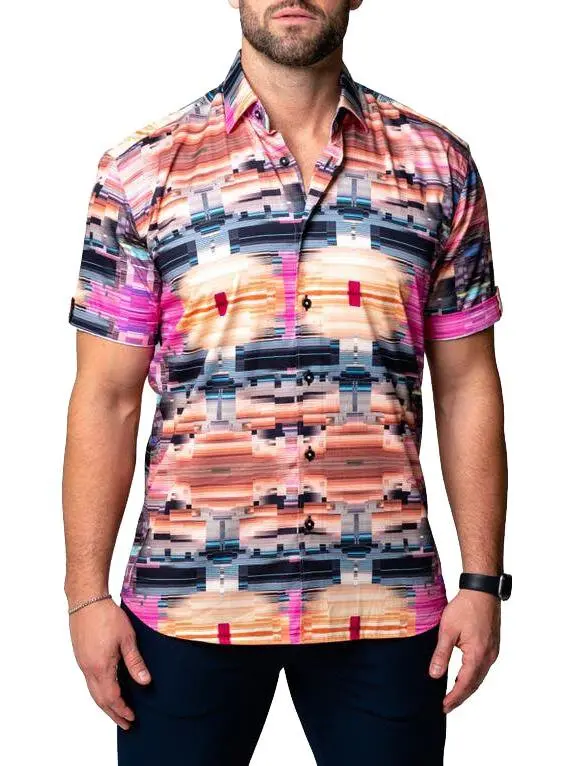 MACEOO Galileo Glitch Multi Short Sleeve Contemporary Fit Button-up Shirt - Pink Multi
