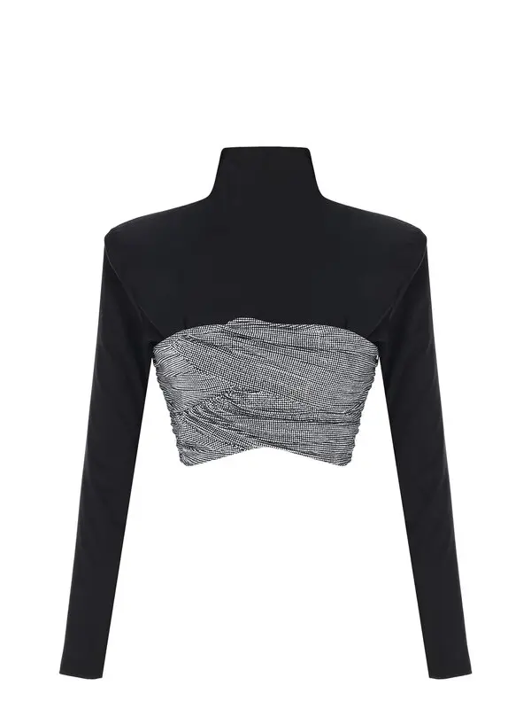 THE NEW ARRIVALS ILKYAZ OZEL Gnes Crystal-trimmed Cropped Top - Black