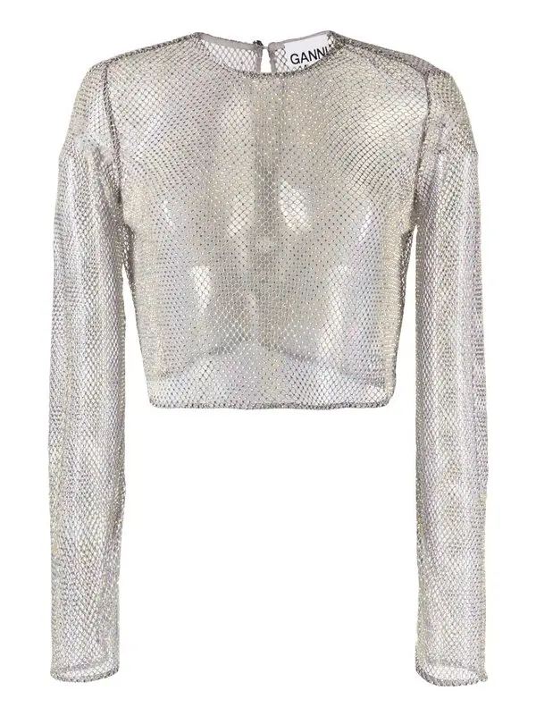 GANNI Crystal-embellished Cropped Mesh Blouse - Grey