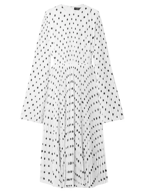 Balenciaga Pleated Polka-dot Crepe Midi Dress - White