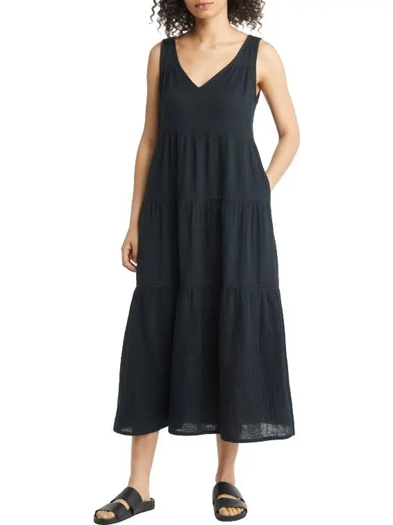Marine Layer Corinne Tiered Cotton Gauze Maxi Dress - Black