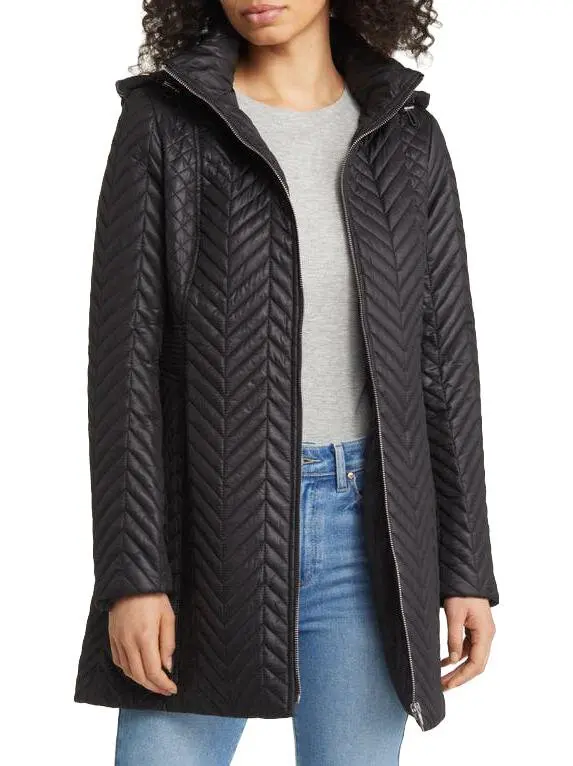 Via Spiga Herringbone Quilted Hooded Jacket - Black