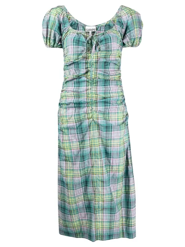 GANNI Checked Seersucker Midi Dress - Green