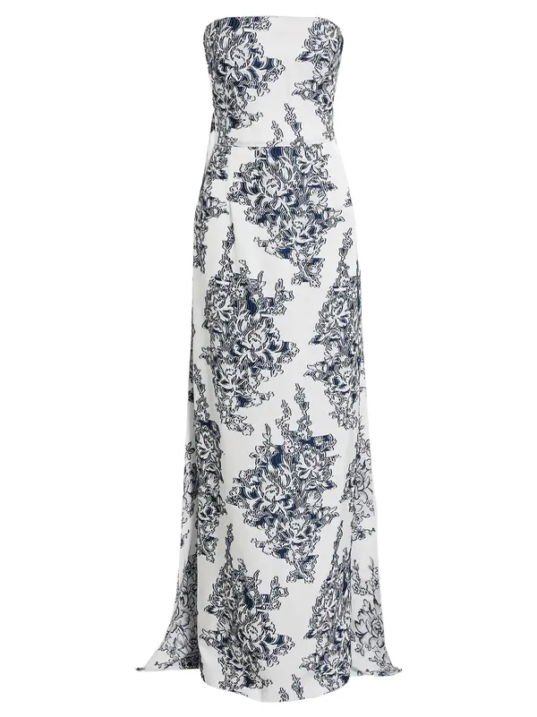 Oscar De La Renta Strapless Flocked Jacquard Gown - Navy