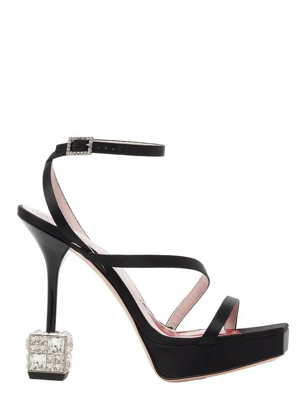 ROGER VIVIER Embellished Cube Heel Satin Sandals - Black