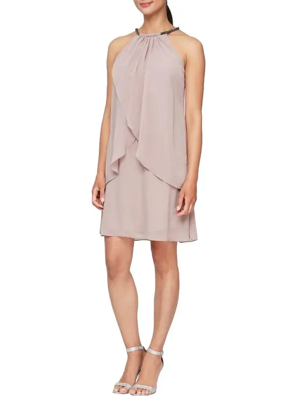 SLNY Embellished Neck Chiffon Ruffle Dress - Cashmere
