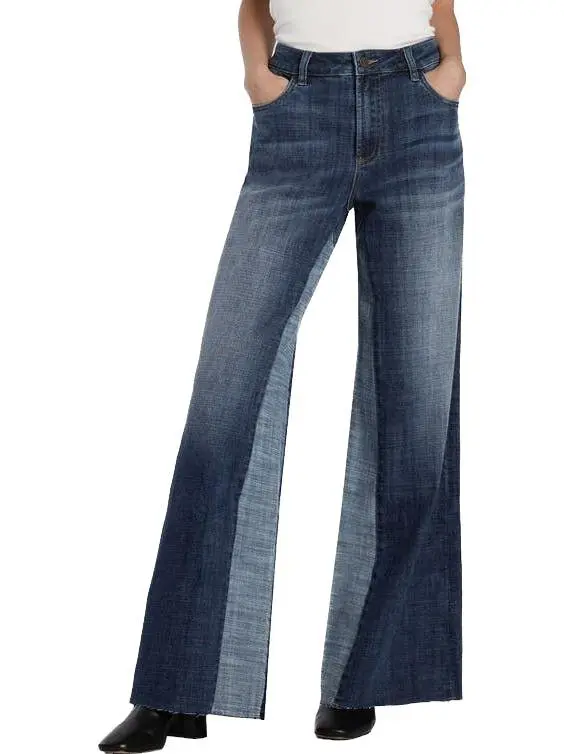 HINT OF BLU Happy Dual Two-tone High Waist Wide Leg Jeans - Jersey Blue