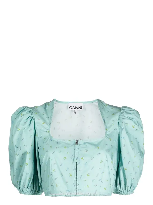GANNI Floral-print Cropped Blouse - Green