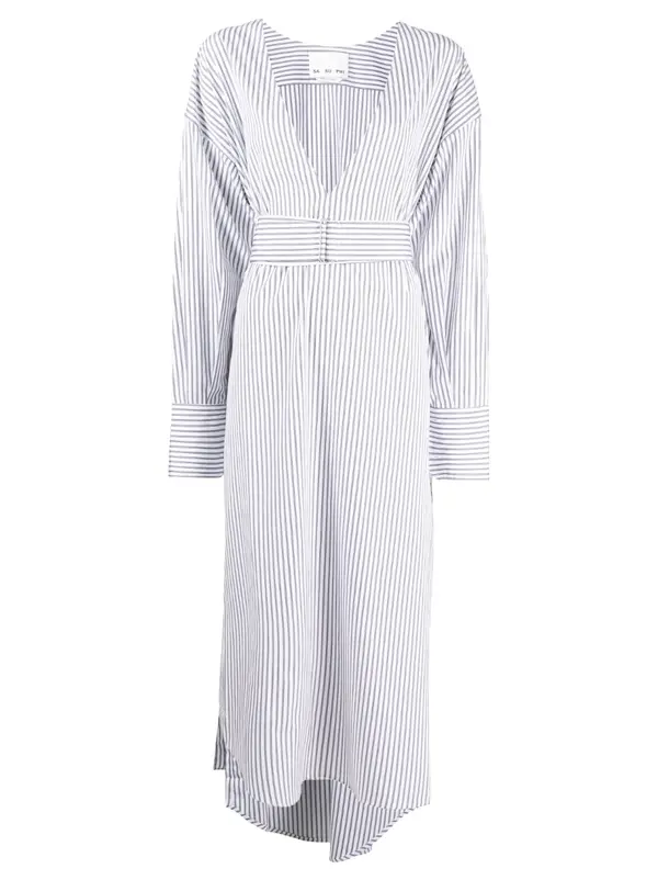 SA SU PHI Stripe-pattern Belted Shirt Dress - White