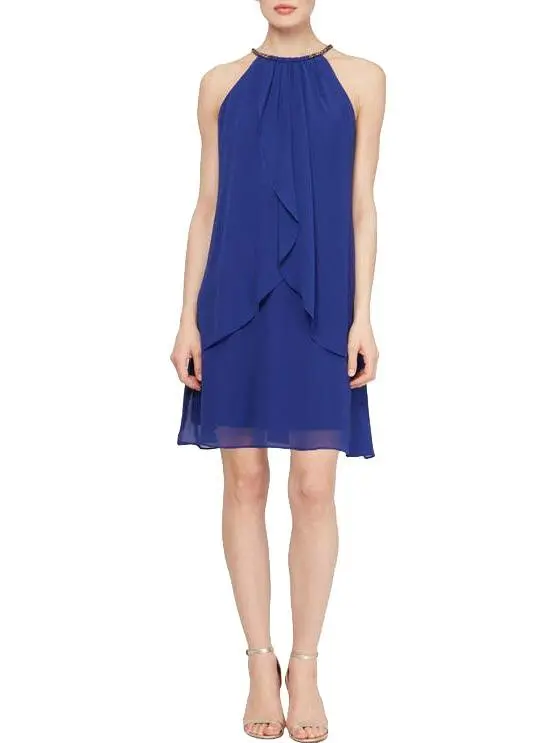 SLNY Halter Neck Layered Chiffon Shift Dress - Iris