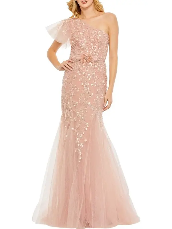 Mac Duggal Evening Embellished One-shoulder Gown - Blush