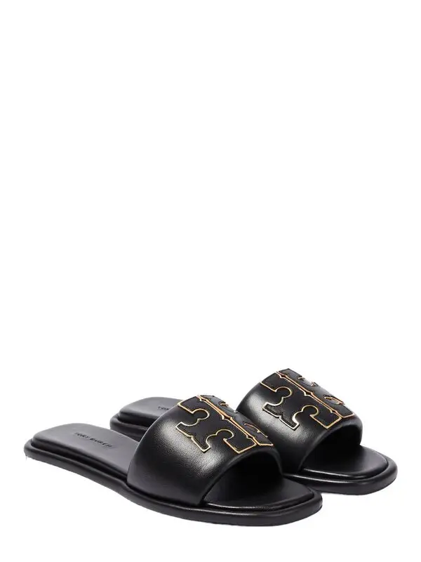 Tory Burch Double T Leather Slides - Black