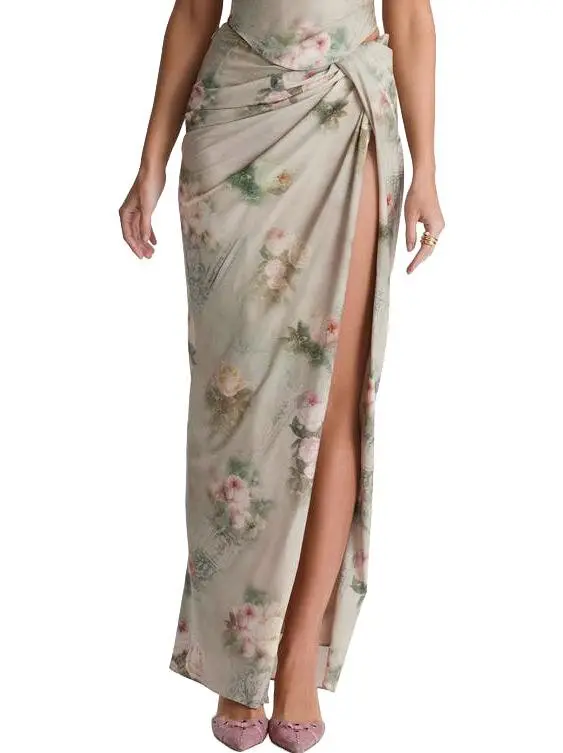 House Of Cb Vesper Gathered Side Slit Skirt - Print 2 Flower Cream