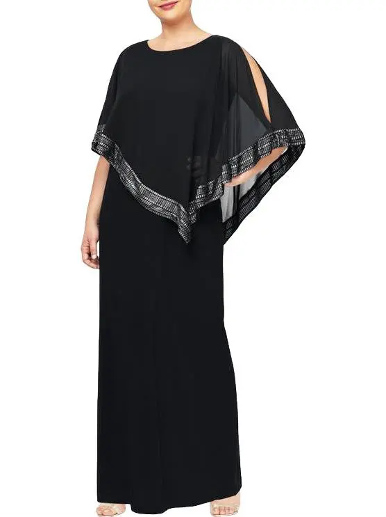 SLNY Asymmetrical Cape Gown - Black Silver