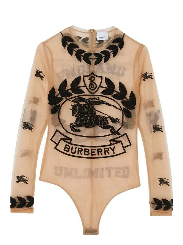 Burberry Ekd Embroidered Stretch Tulle Bodysuit - Neutral