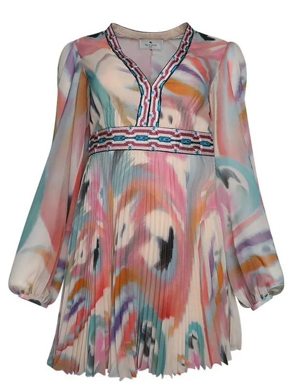 Etro Pleated Long Sleeve Mini Dress - Butterfly Wing Print
