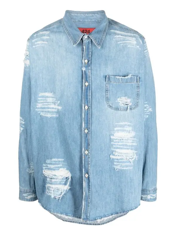 424 Distressed Denim Shirt - Blue