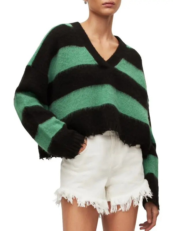 ALLSAINTS Lou Stripe Crop Sweater - Black/apple Green