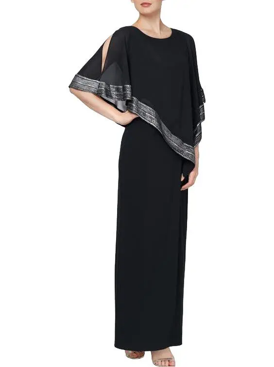 SL FASHIONS Asymmetrical Foil Trim Cape Dress - Blk Sil
