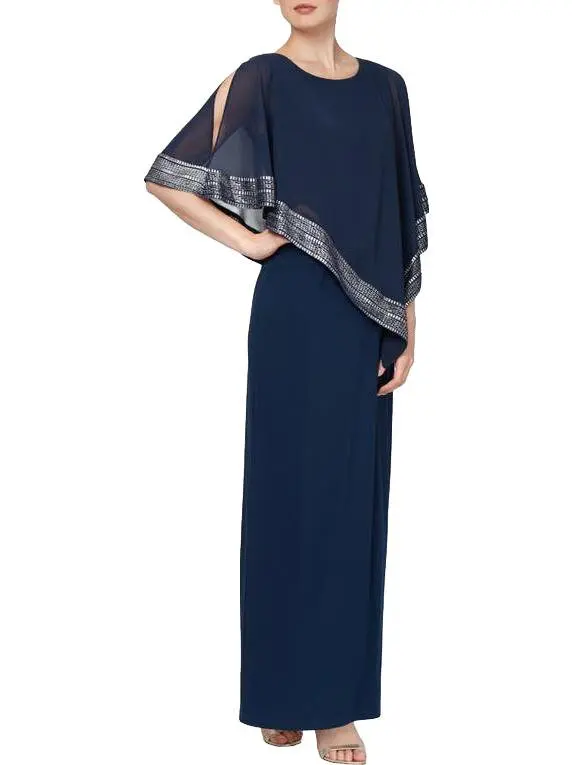 SL FASHIONS Asymmetrical Foil Trim Cape Dress - Deep Navy