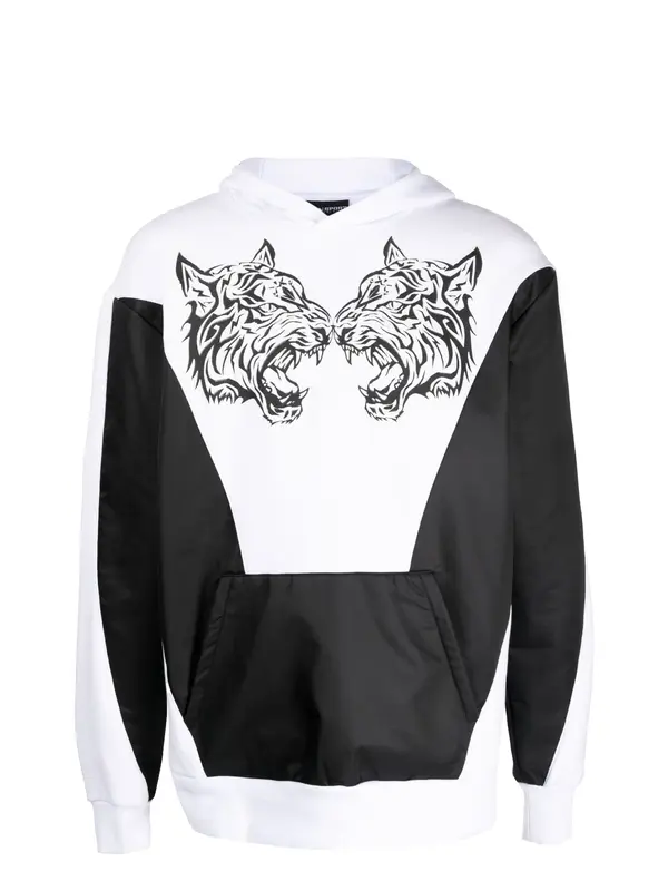 PLEIN SPORT Tiger-print Panelled Hoodie - White