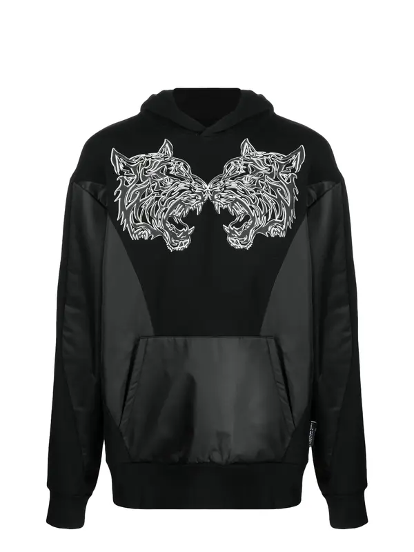 PLEIN SPORT Tiger-print Panelled Hoodie - Black