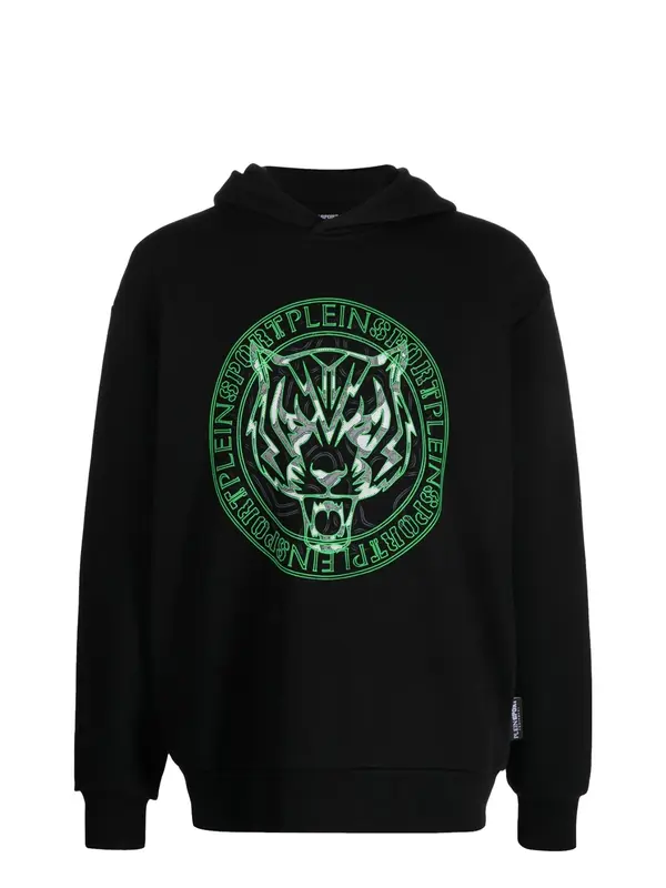 PLEIN SPORT Logo-tiger-print Hoodie - Black