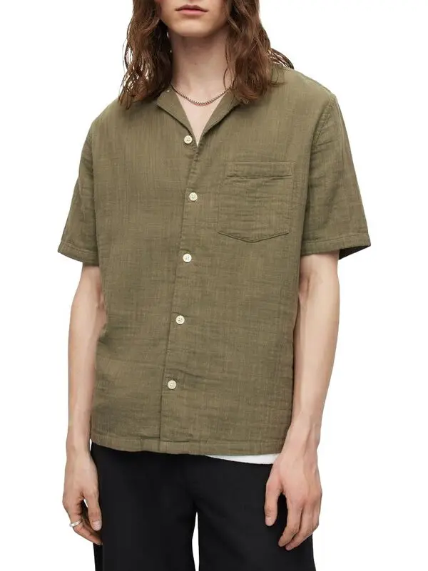 ALLSAINTS Vedra Textured Short Sleeve Organic Cotton Camp Shirt - Earthy Brown