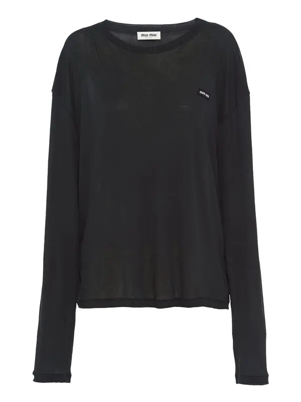 Miu Miu Long-sleeved Gart-dyed Ribbed Knit Jersey T-shirt - Black