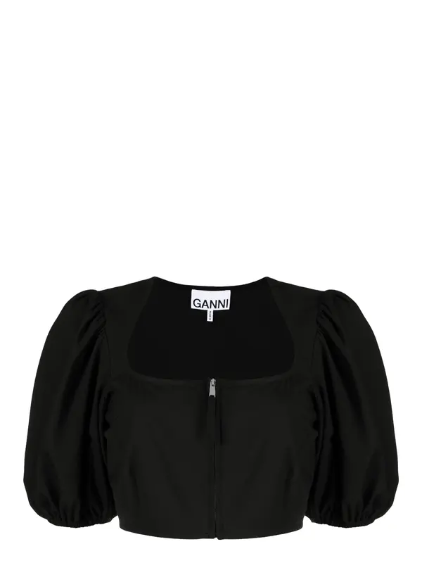 GANNI Cropped Puff-sleeve Blouse - Black