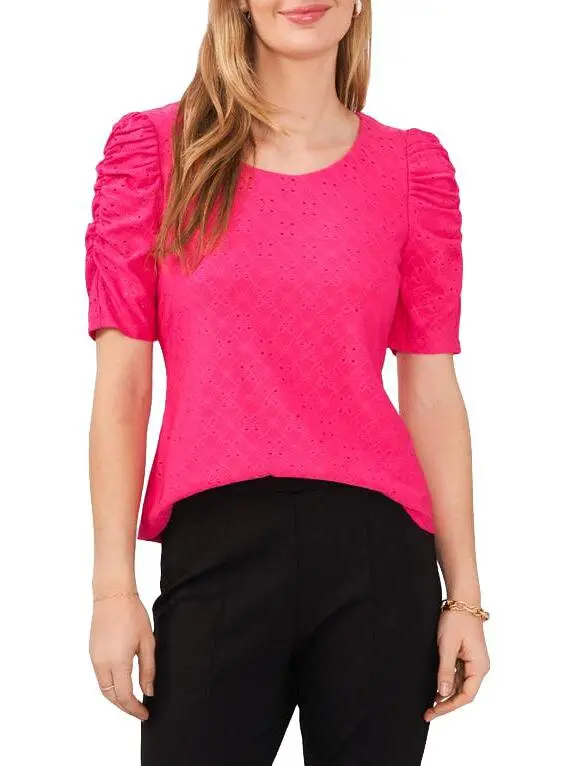 Chaus Eyelet Ruched-sleeve Knit Top - Bright Rose