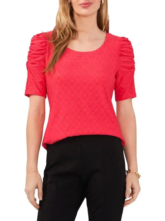 Chaus Eyelet Ruched-sleeve Knit Top - Geranium