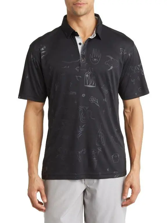 SWANNIES Brock Doodle Print Piqué Performance Golf Polo - Black-fog
