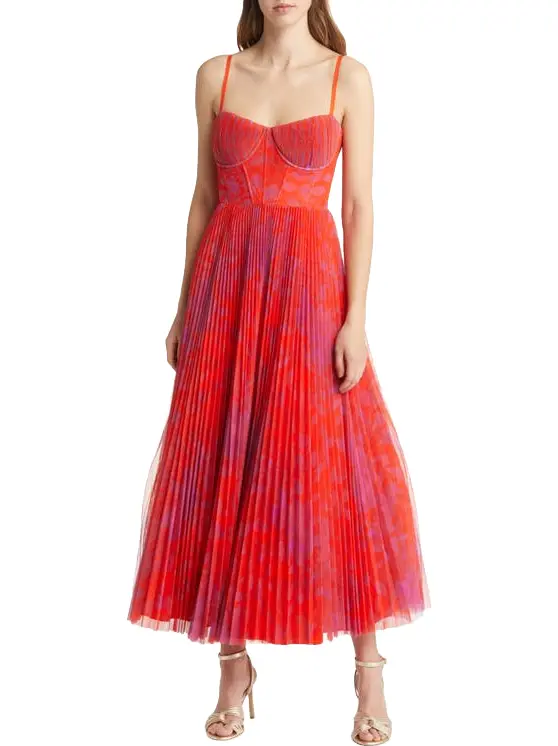 HUTCH Amara Floral Bustier Pleated Dress - Orange
